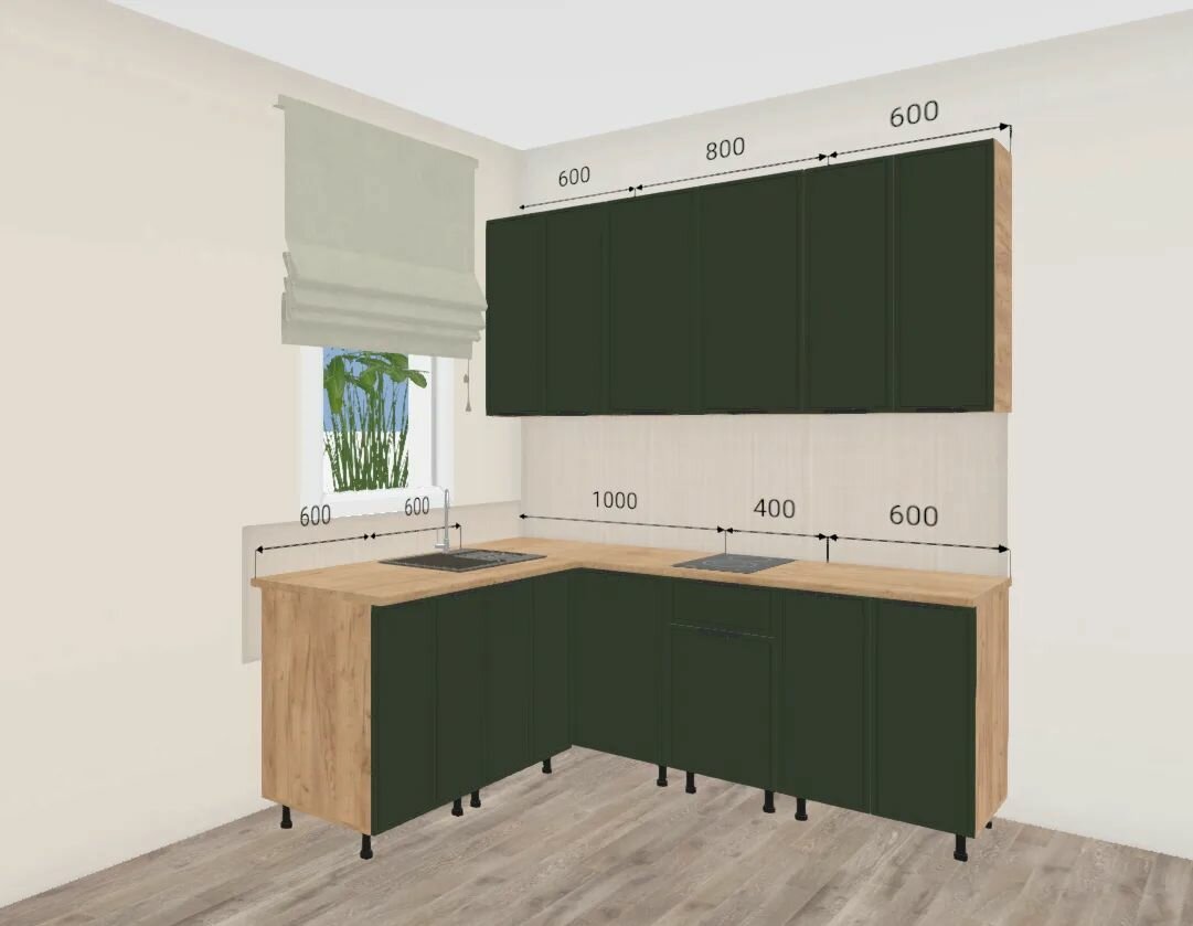 Кухня МДФ Николь 1.8х2.0 Холст Темно-зеленый/Дуб Крафт (Дуб Вотан)