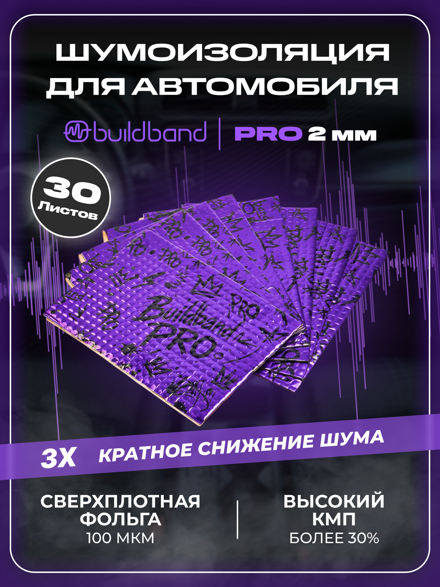 Шумоизоляция автомобиля buildband PRO 2, комплект 30 листов. Виброизоляция для авто, шумка самоклеящаяся, звукоизоляция