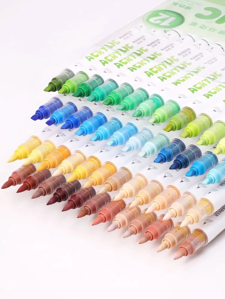 Набор маркеров GuangNa ACRYLIC DUAL TIP MARKER, 12 шт. белые и серые цвета для рисования и творчества — фото 1