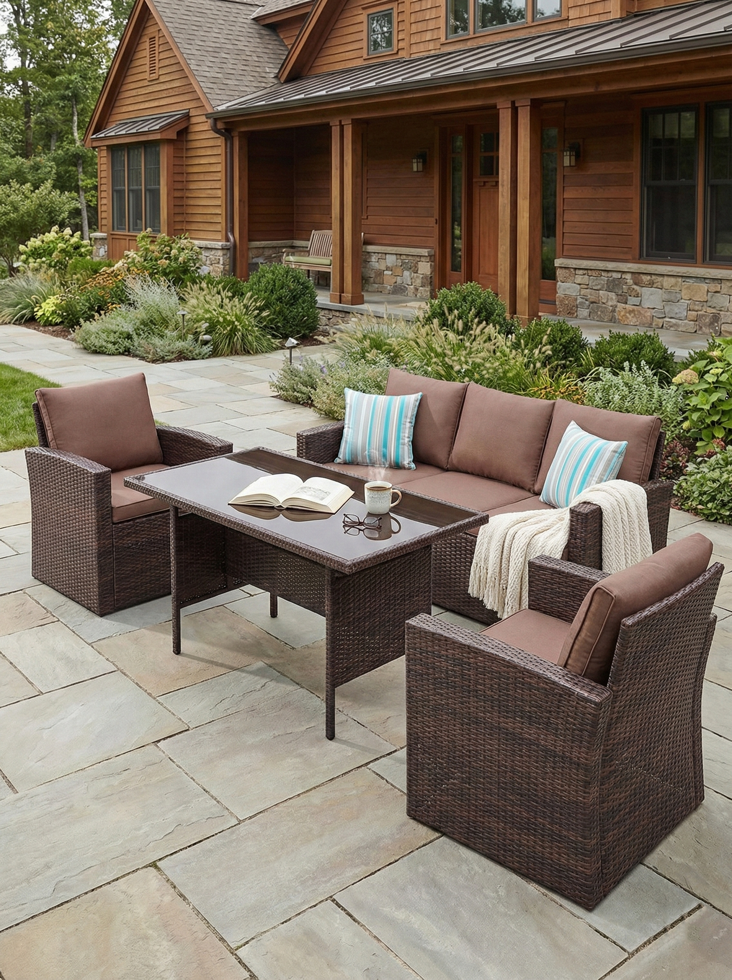 Комплект садовой мебели для дачи Римини-5, классик из искусственного ротанга, шоколад