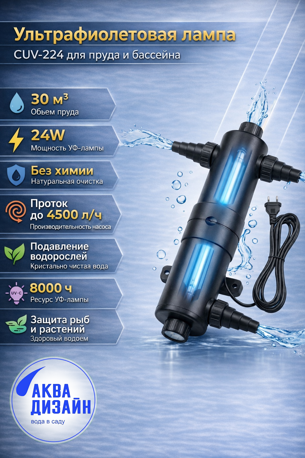 Ультрафиолетовая лампа для пруда и бассейна SunSun CUV-224 (24W)