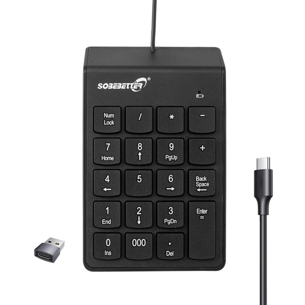 SOBEBETTER Цифровая клавиатура USB Type-C 19 клавиш, черная, для настольного компьютера