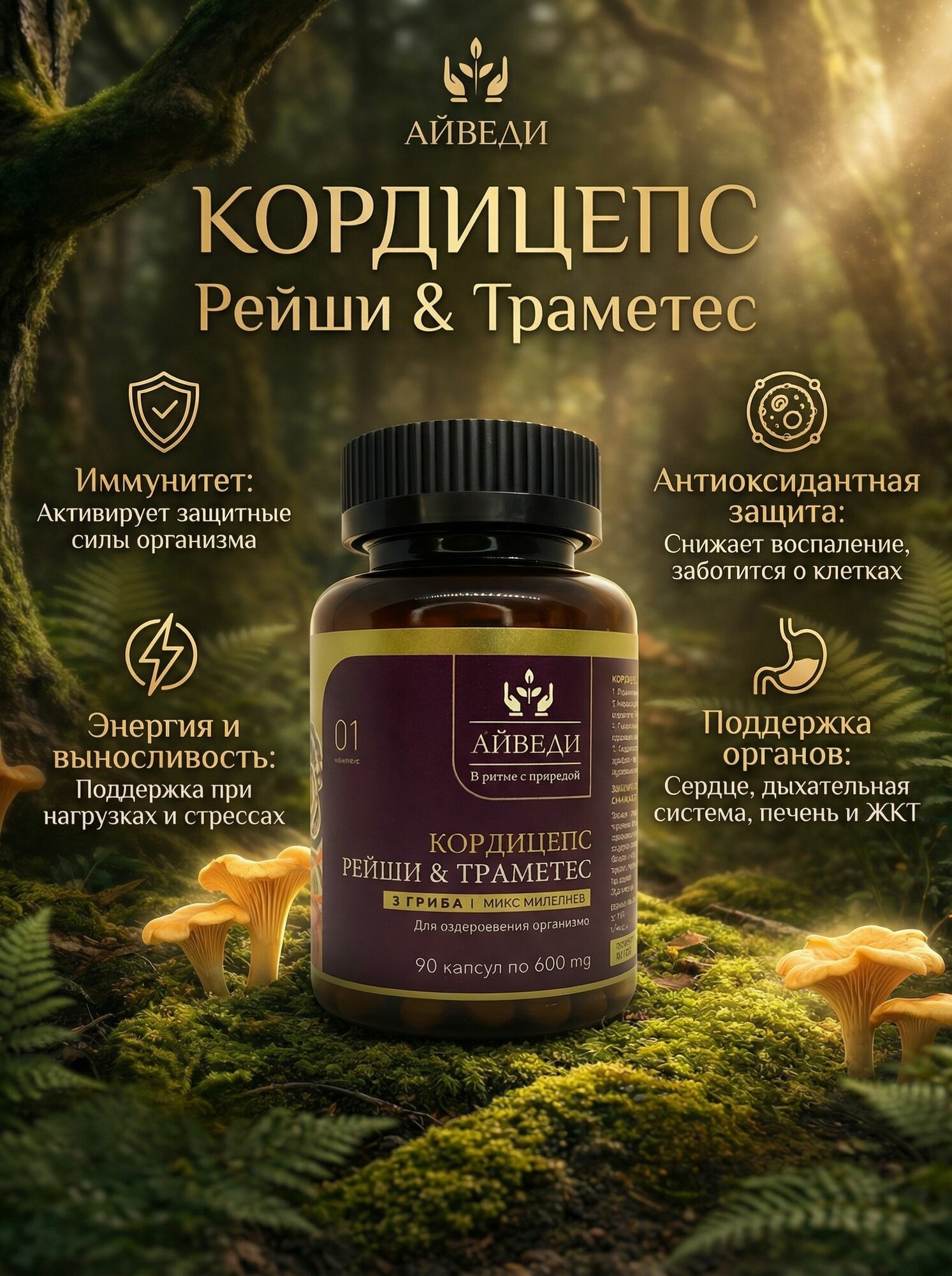 Микс мицелиев (Кордицепс, Рейши, Траметес) 90 капсул по 600мг
