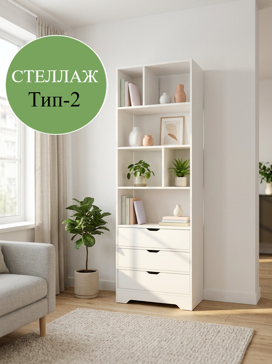 Стеллаж деревянный напольный для игрушек и книг с полками и ящиками / перегородка для зонирования Тип-2 Белая шагрень