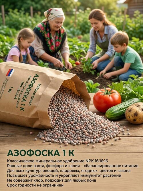 Азофоска (1 кг) комплексное минеральное удобрение Для овощей, плодово-ягодных культур, цветов и газона.
