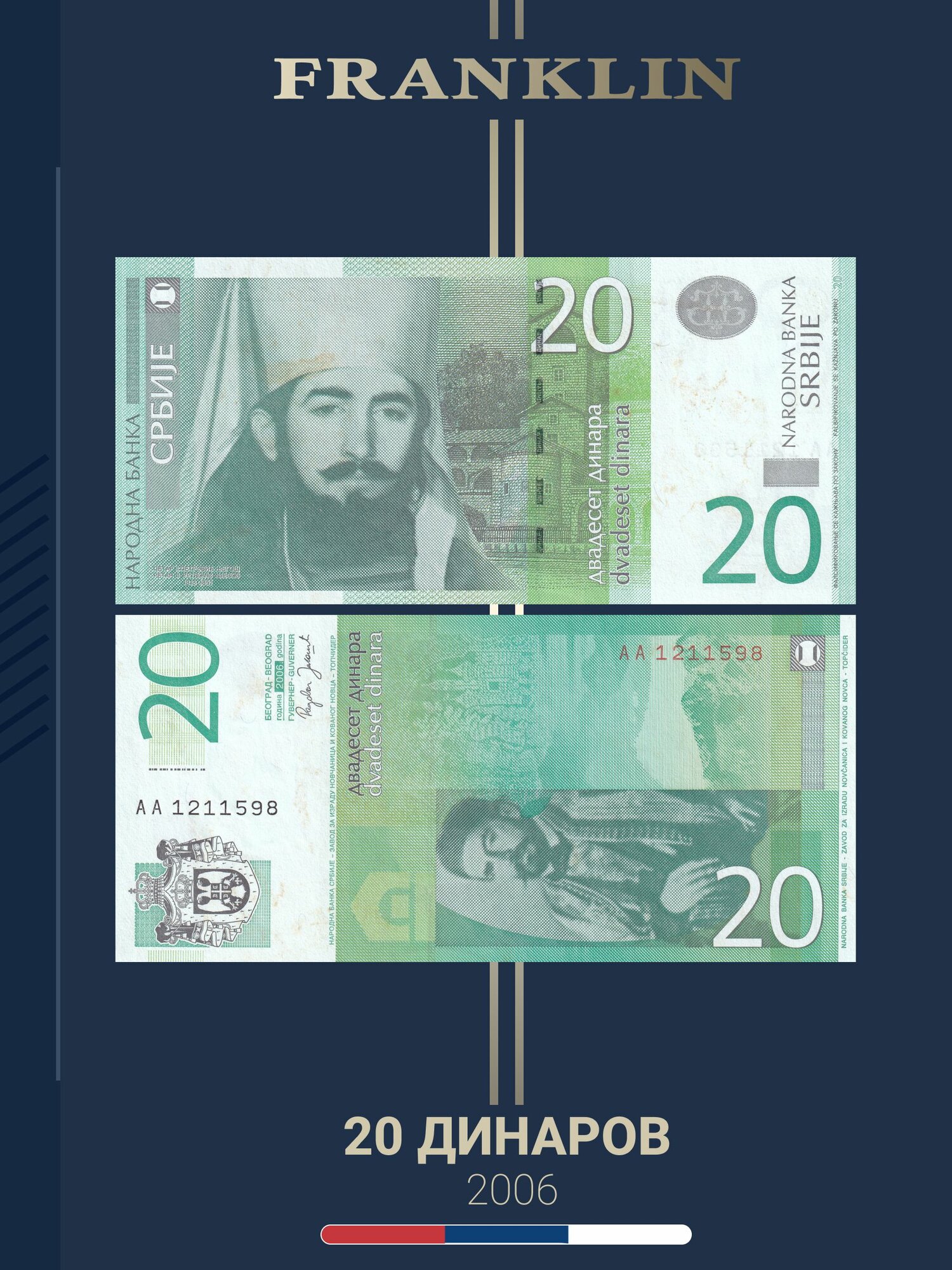 Банкнота Сербия 20 динаров 2006 год (XF) Pick 47