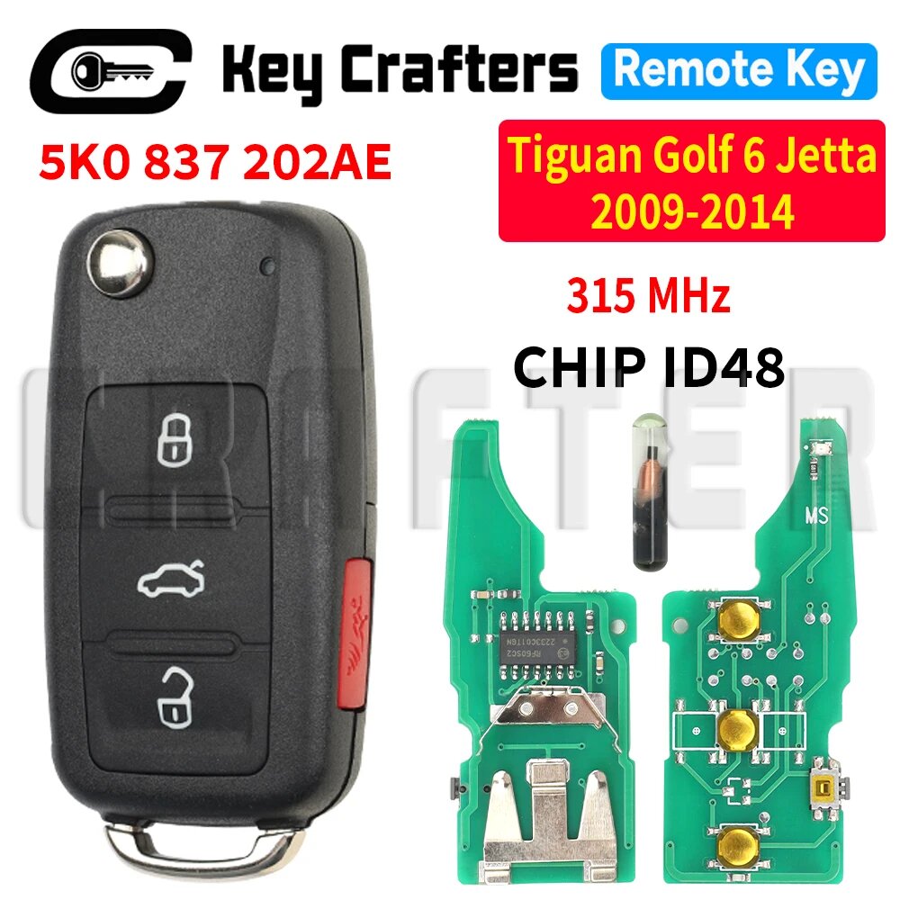 Автомобильный ключ-брелок Key Crafters 5K0837202AE 315 МГц с чипом ID48 и кнопкой экстренного вызова для VW Volkswagen Tiguan Golf 6 Jetta Skoda