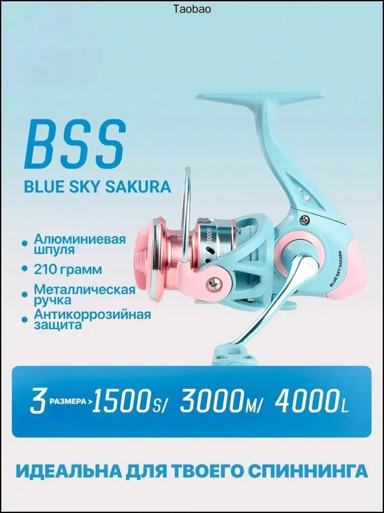 Катушка LAVRZONE Blue Sky Sakura 3000M BSS для спиннинга, поплавка, передний фрикцион, бирюзовая, светло-розовая — фото 1