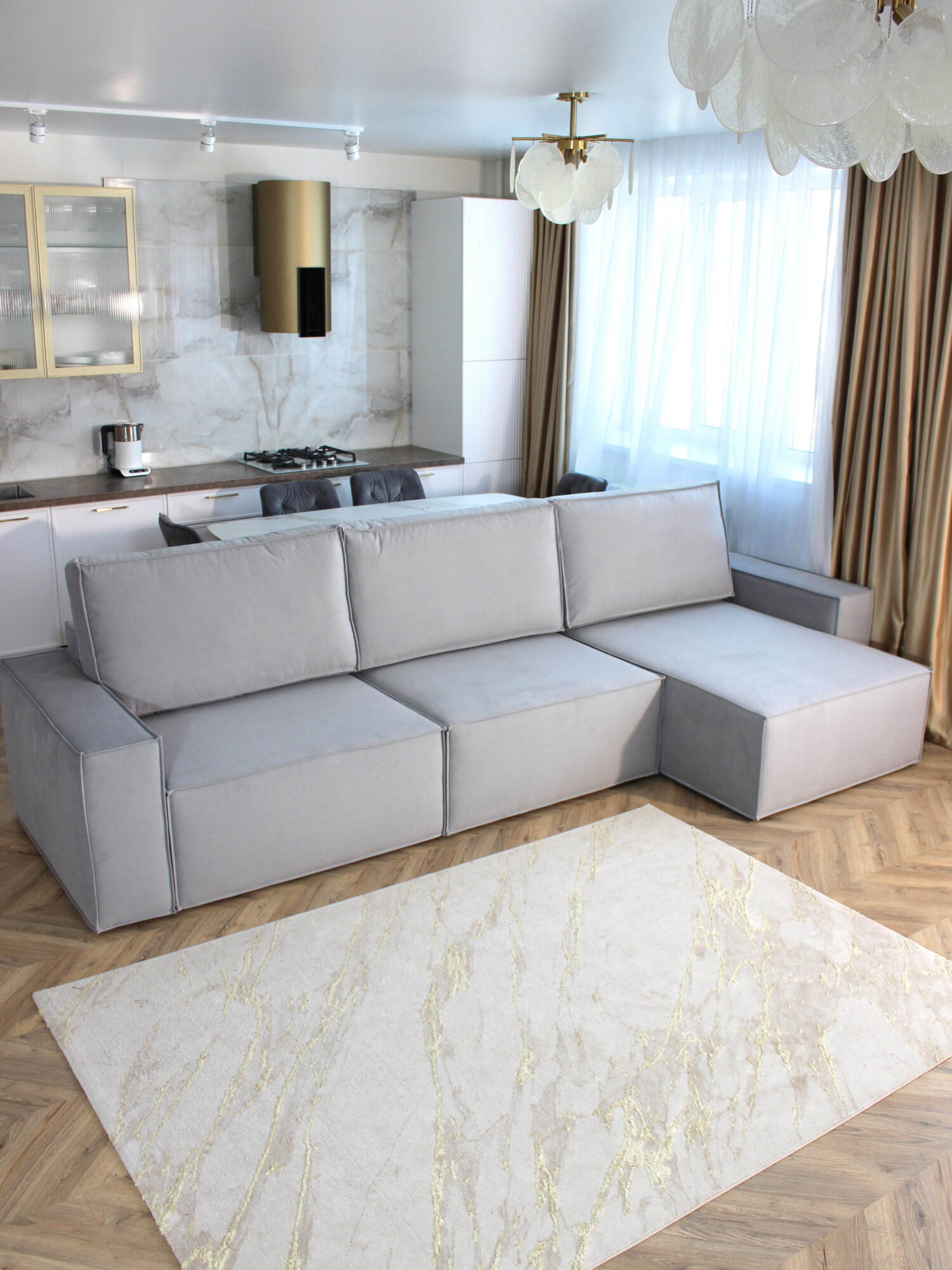 Диван-кровать угловой Конер светло-серый, правый угол, Еврокнижка, 350х155х65 см