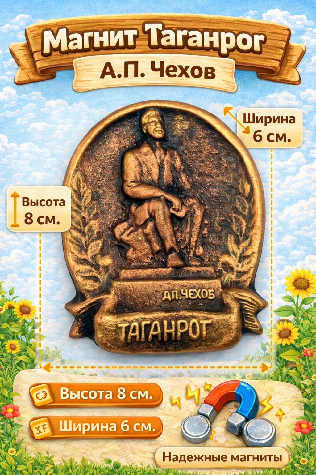 Магнит Таганрог А. П. Чехов керамика, бронзовый, 80х60х5 мм. 1 шт.