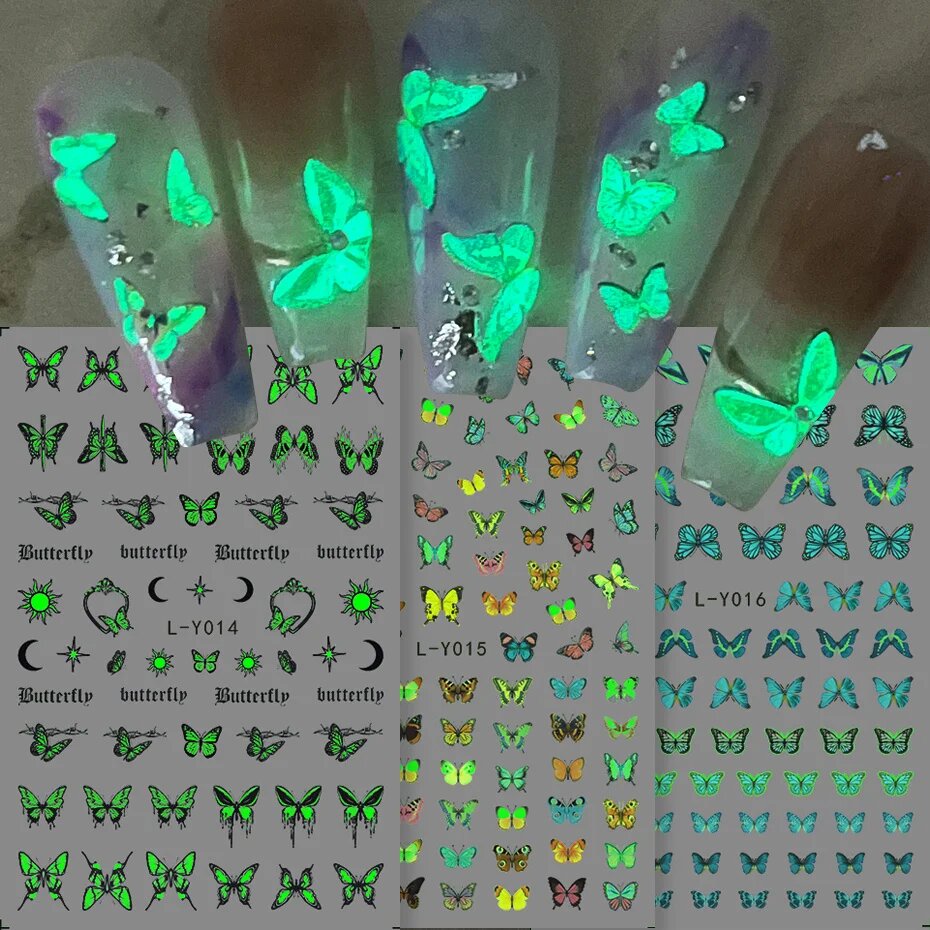 Светящиеся наклейки для ногтей бабочки синий 3 шт.