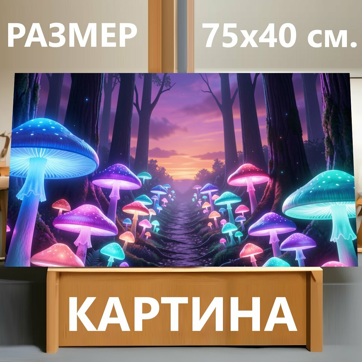 Картина на холсте "Светящиеся грибы в ночном лесу. Волшебная лесная тропа среди высоких деревьев, усыпанная неоновыми грибами в розовых." на подрамнике 75х40 см. для интерьера