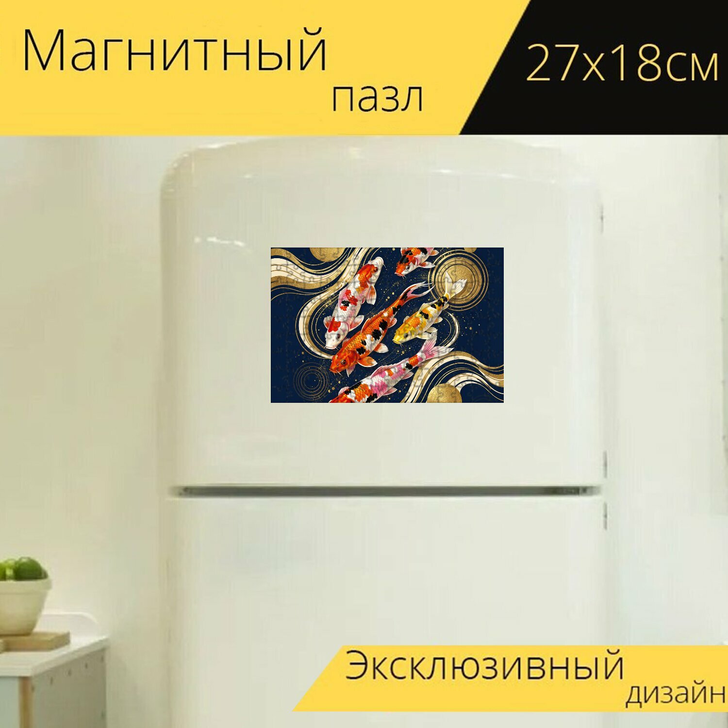 Магнитный пазл "Яркие кои в золотых волнах. Эффектная композиция с разноцветными карпами кои на тёмно-синем фоне, золотые вихри и брызги, восточный." на холодильник 27 x 18 см.