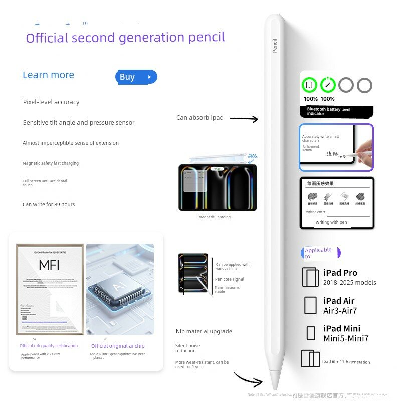 Официальная ручка Apple Pencil 2-го поколения с магнитной зарядкой, полной функциональностью и 89-часовым сроком службы