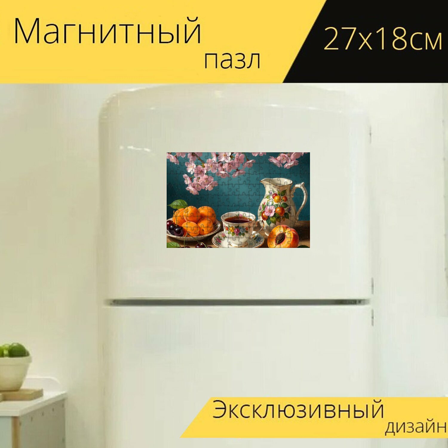 Магнитный пазл "Весенний натюрморт с фруктами и чаем. Живописная композиция в нежных розово-бирюзовых тонах: цветущая ветка сакуры, фарфоровый сервиз с." на холодильник 27 x 18 см.