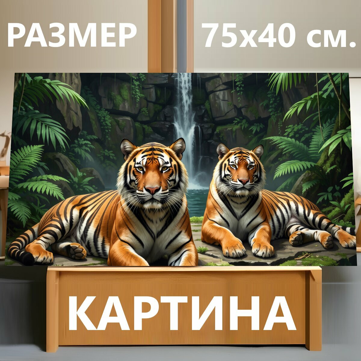 Картина на холсте "Тигры у тропического водопада. Два величественных хищника отдыхают на камнях среди густых джунглей, зелени и лиан, на фоне." на подрамнике 75х40 см. для интерьера