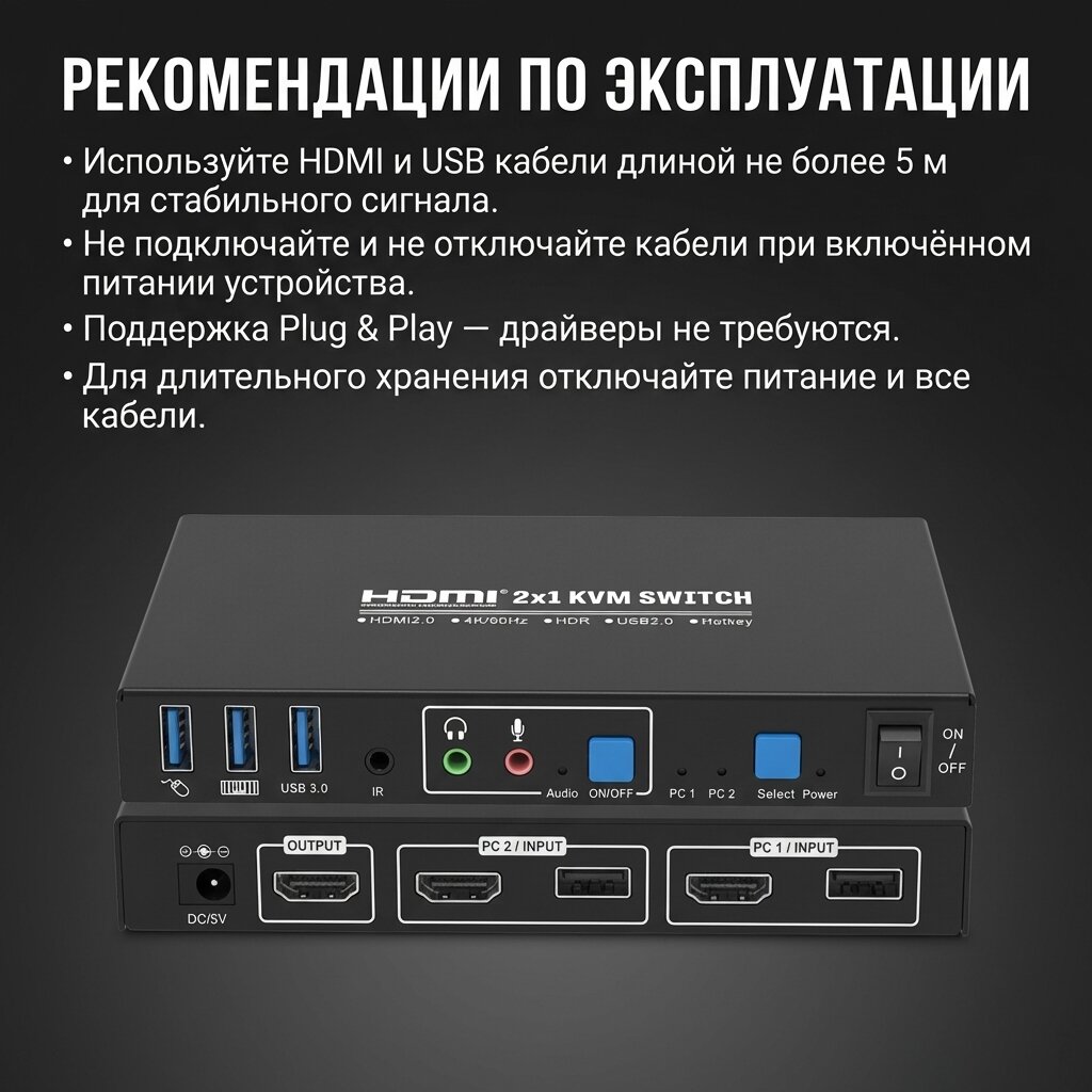KVM-Переключатель KS-is, HDMI, USB Type А, AUX 3.5mm, 4K/60Hz — фото 1