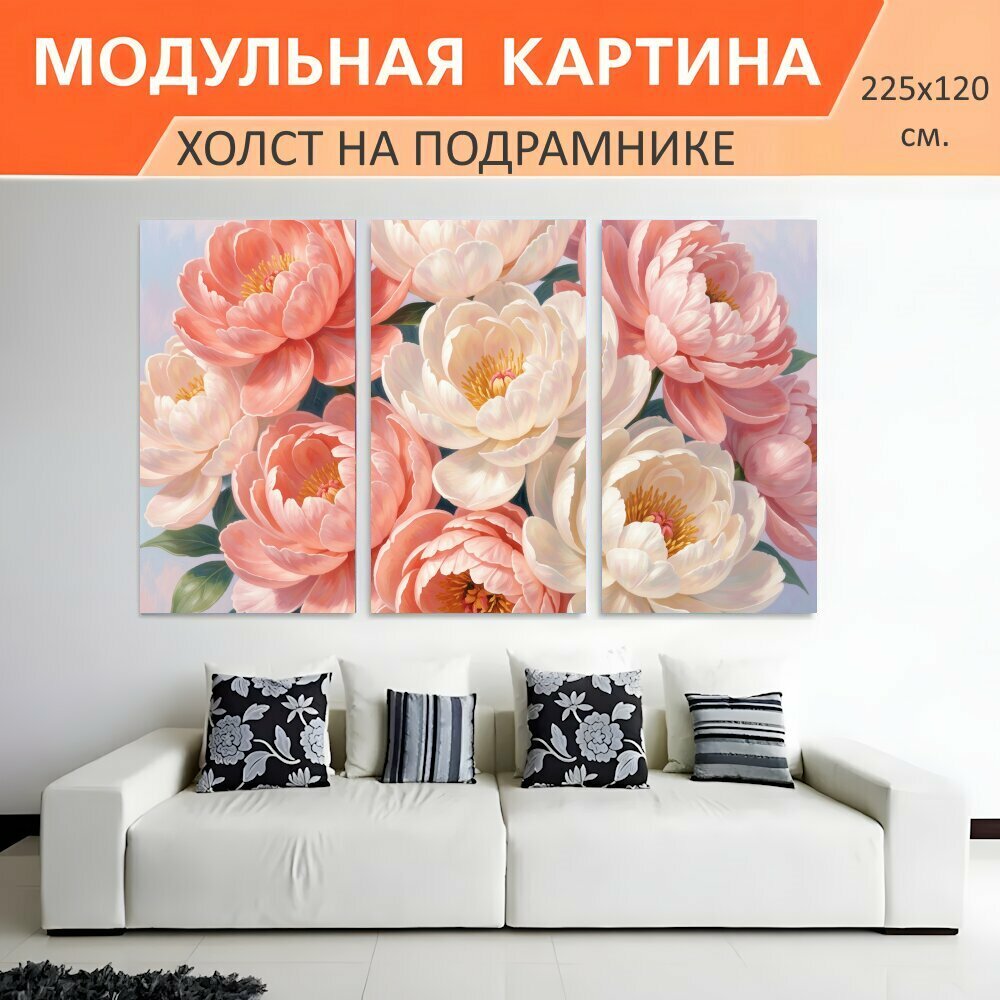 Модульная картина на холсте "Пышный букет пионов. Нежная цветочная композиция в пастельных розово-кремовых оттенках, реалистичная." триптих на подрамнике 225х120 см. для интерьера