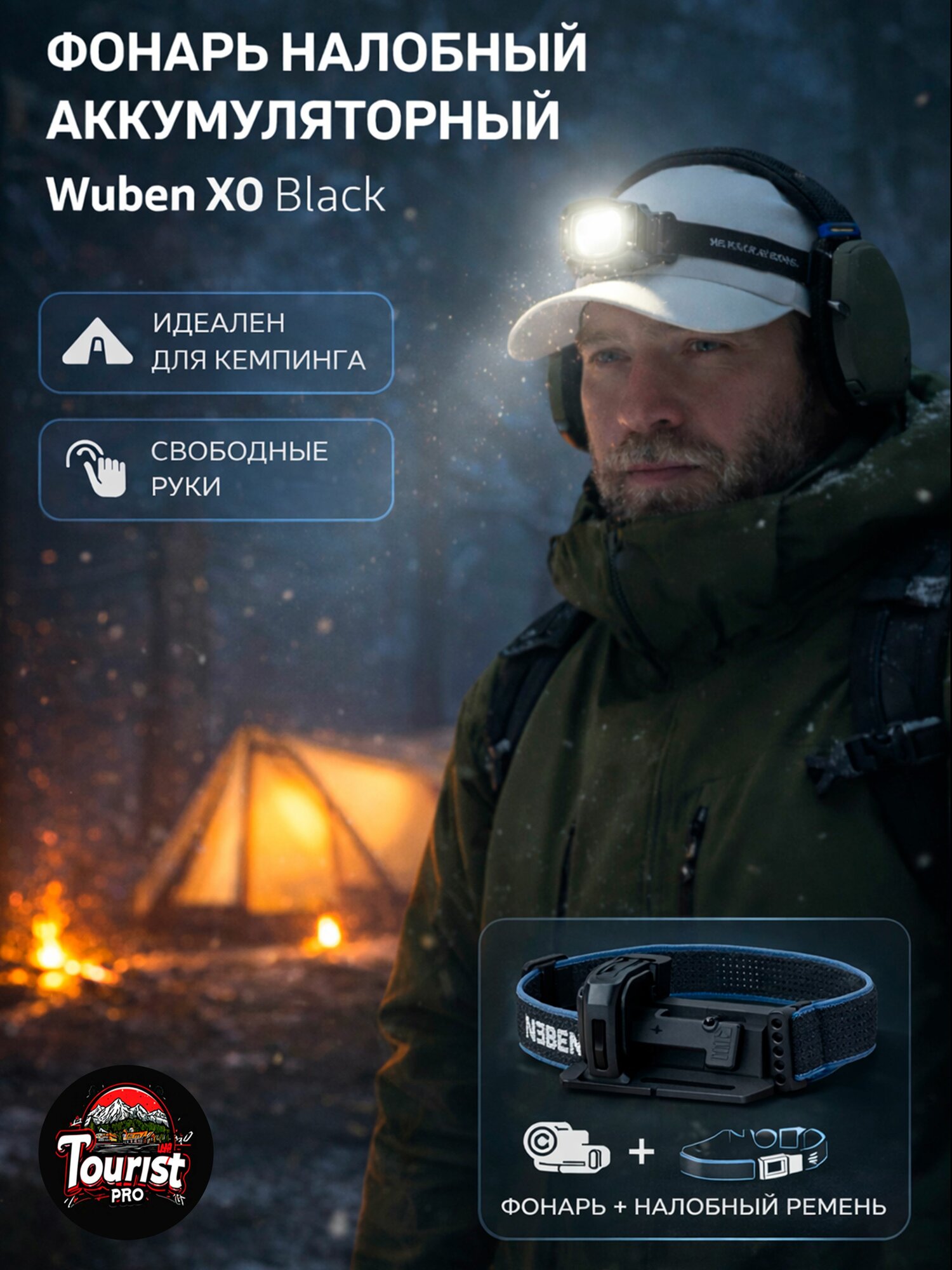 Фонарь Wuben X0 Black + Налобное крепление , 1100 лм, IP68, 10 режимов, с зарядкой Type-C — фото 1