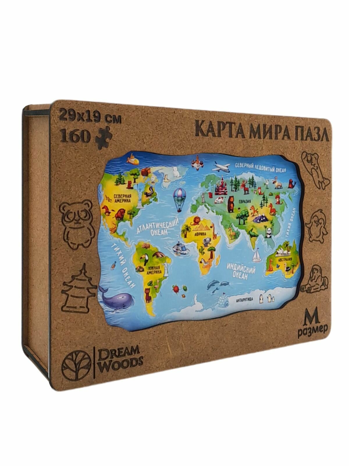 Пазл детский DreamWoods деревянные, 160 элементов, 290х190 мм, Карта Мира (P-059)