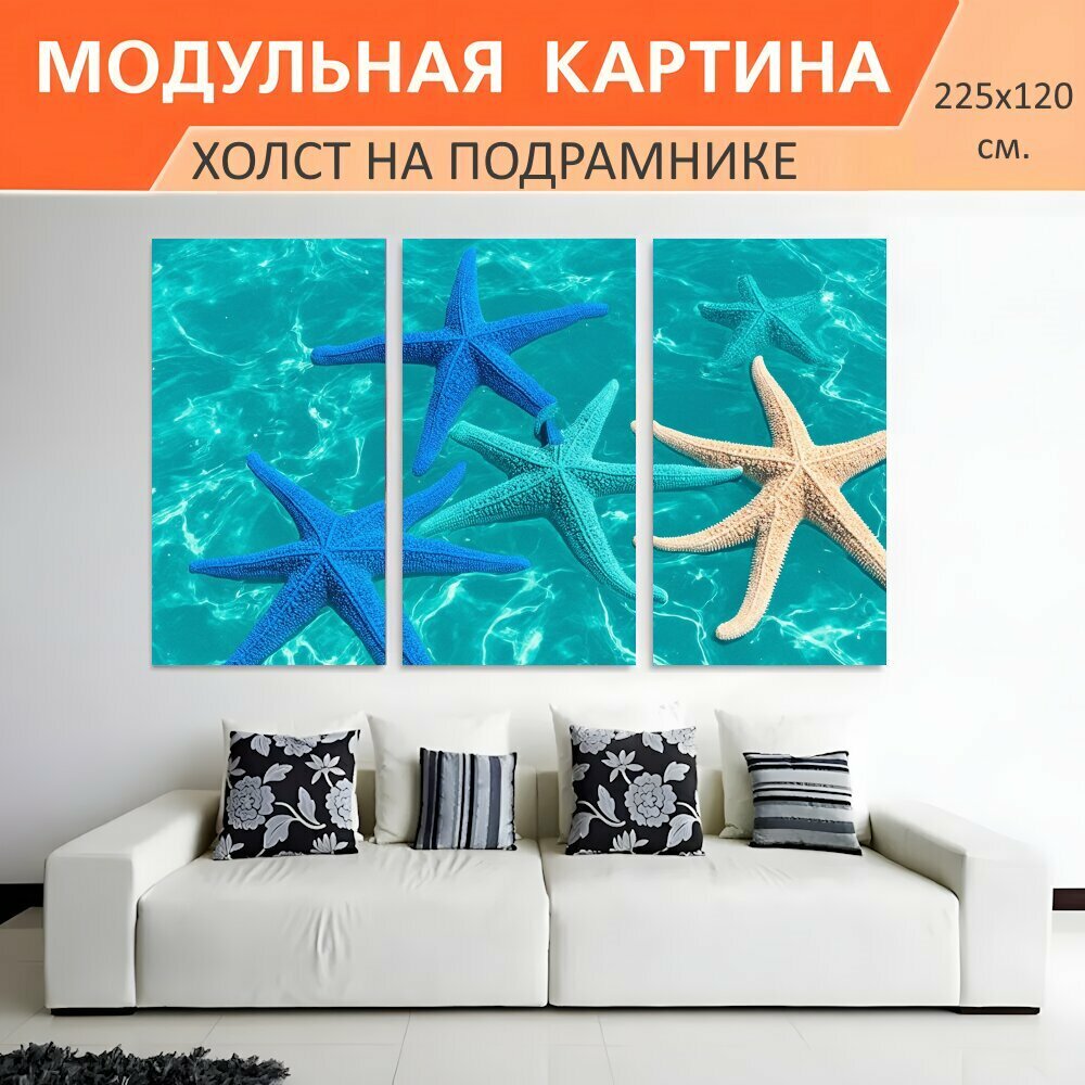 Модульная картина на холсте "Высококачественное изображение морских звезд в кристально чистой бирюзовой воде. Три звезды, две." триптих на подрамнике 225х120 см. для интерьера