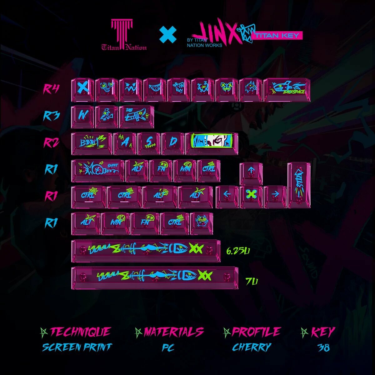 Клавиатурная накладка Jinx League of Legends PBT термоперенос черно-розовая дополнительная ПК-накладка только для