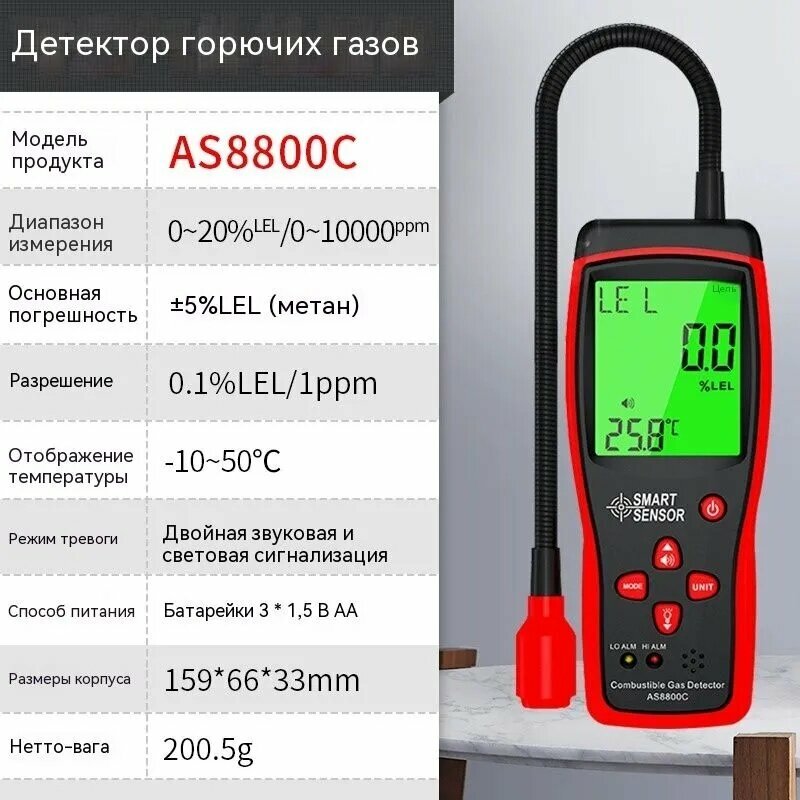 Портативный газоанализатор AS8800 для обнаружения утечек метана, природного и бытового газа с звуковой и световой сигнализацией, цифровое отображение_батарея №5