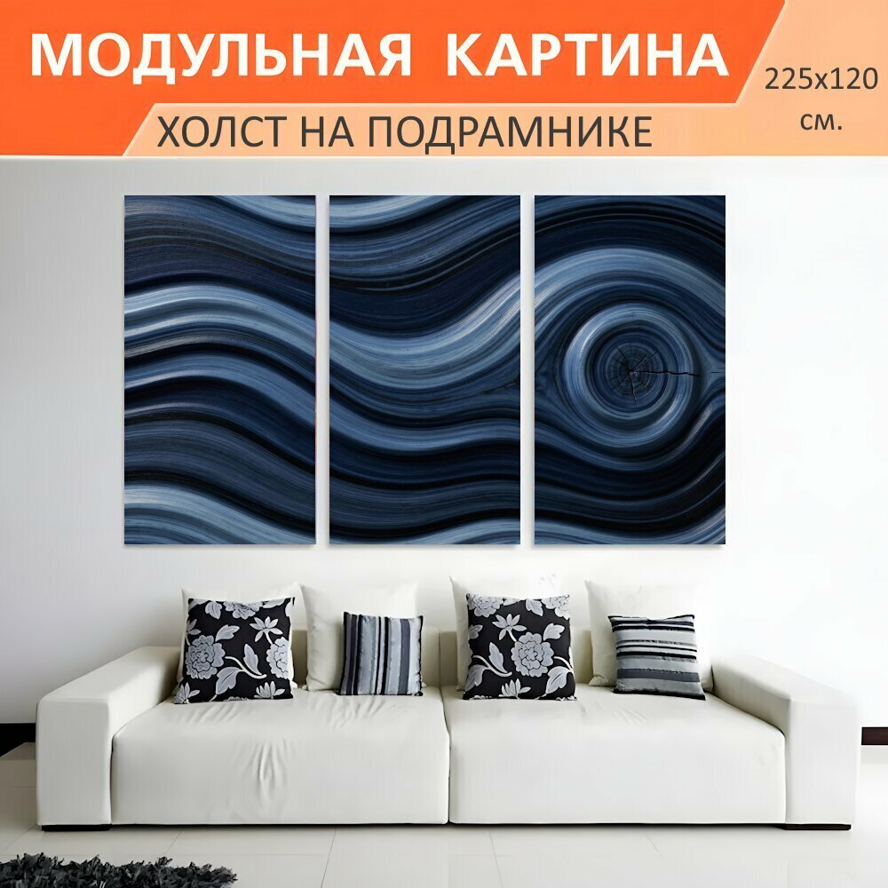 Модульная картина на холсте "Абстрактные синие волны. Плавные ритмичные линии в оттенках синего, графитового и серебристого создают." триптих на подрамнике 225х120 см. для интерьера