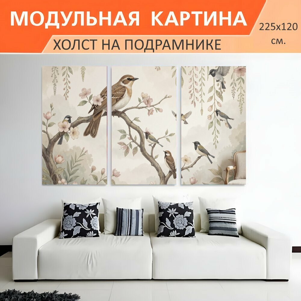 Модульная картина на холсте "Весенние птицы среди цветущих ветвей. Нежная акварельная композиция с пернатыми на извилистых ветках." триптих на подрамнике 225х120 см. для интерьера