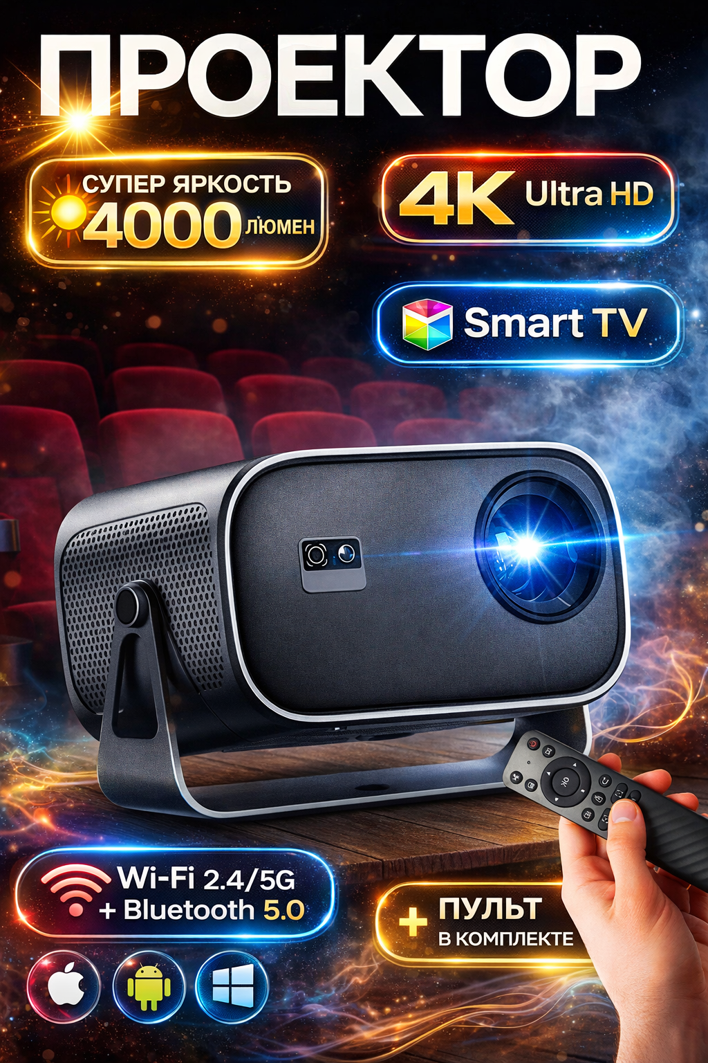 Проектор для фильмов домашний на стену с телефона 4k Android TV, Wi-Fi, Bluetooth