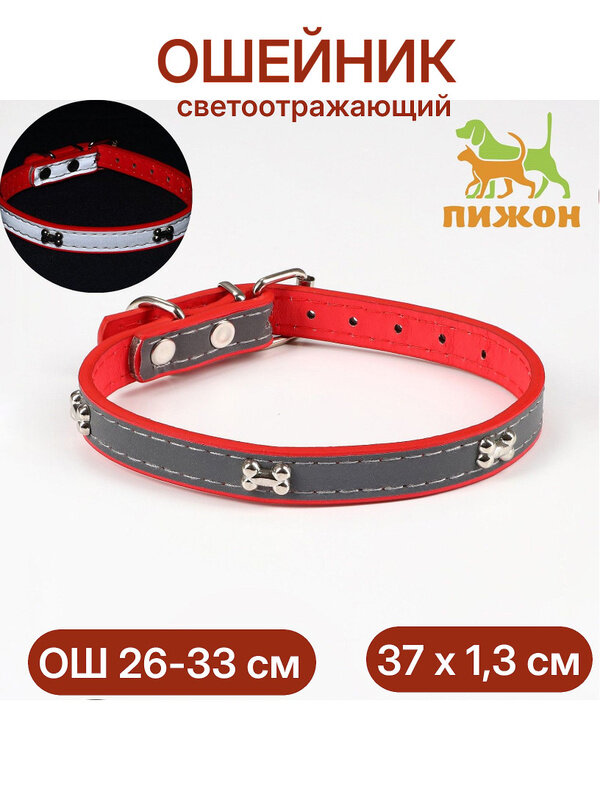 Ошейник с косточками светоотражающий, 37 х 1,3 см, ОШ 26-33, красный