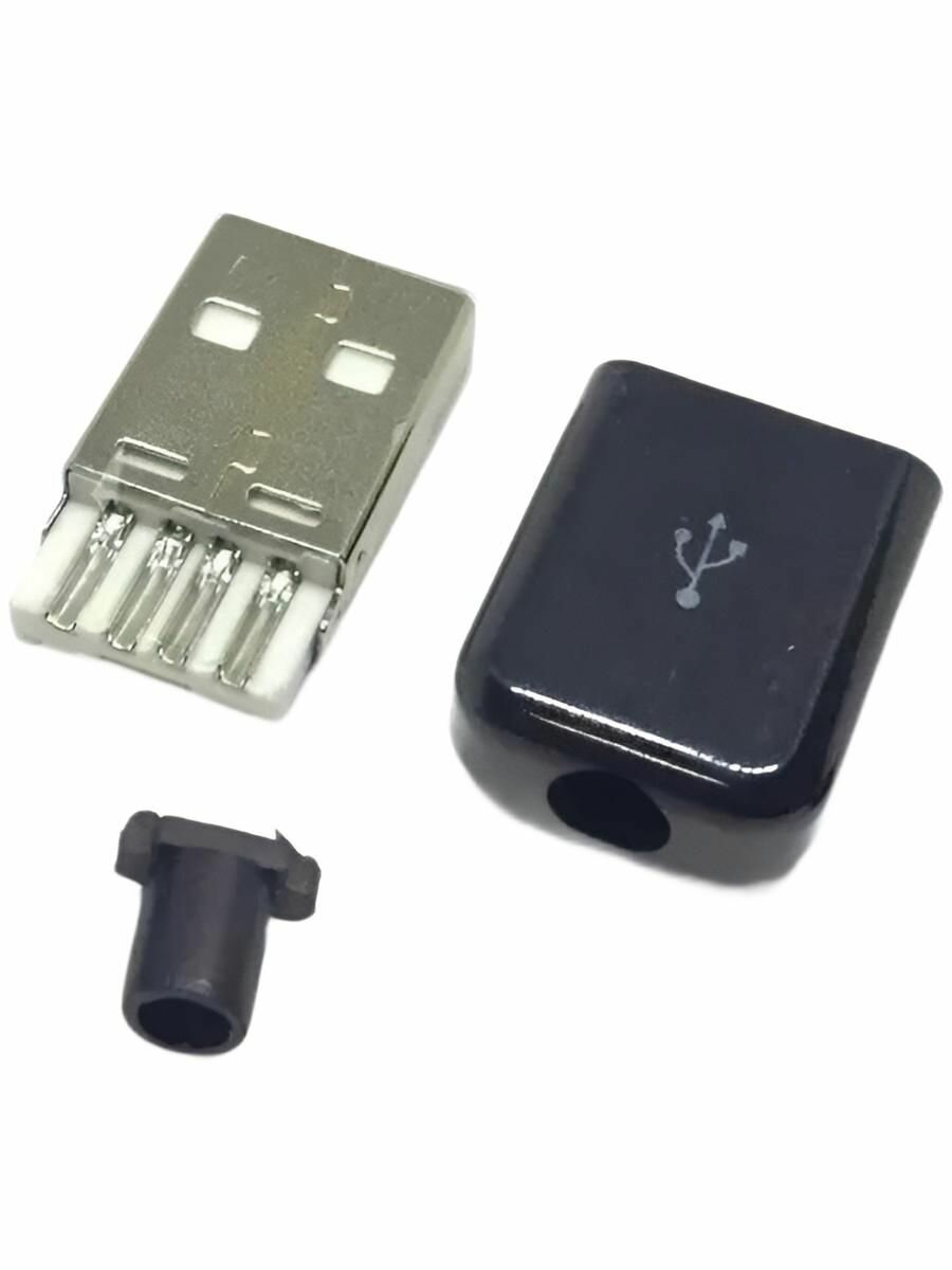Штекер USB Type-A пластиковый корпус, под пайку на провод, черный