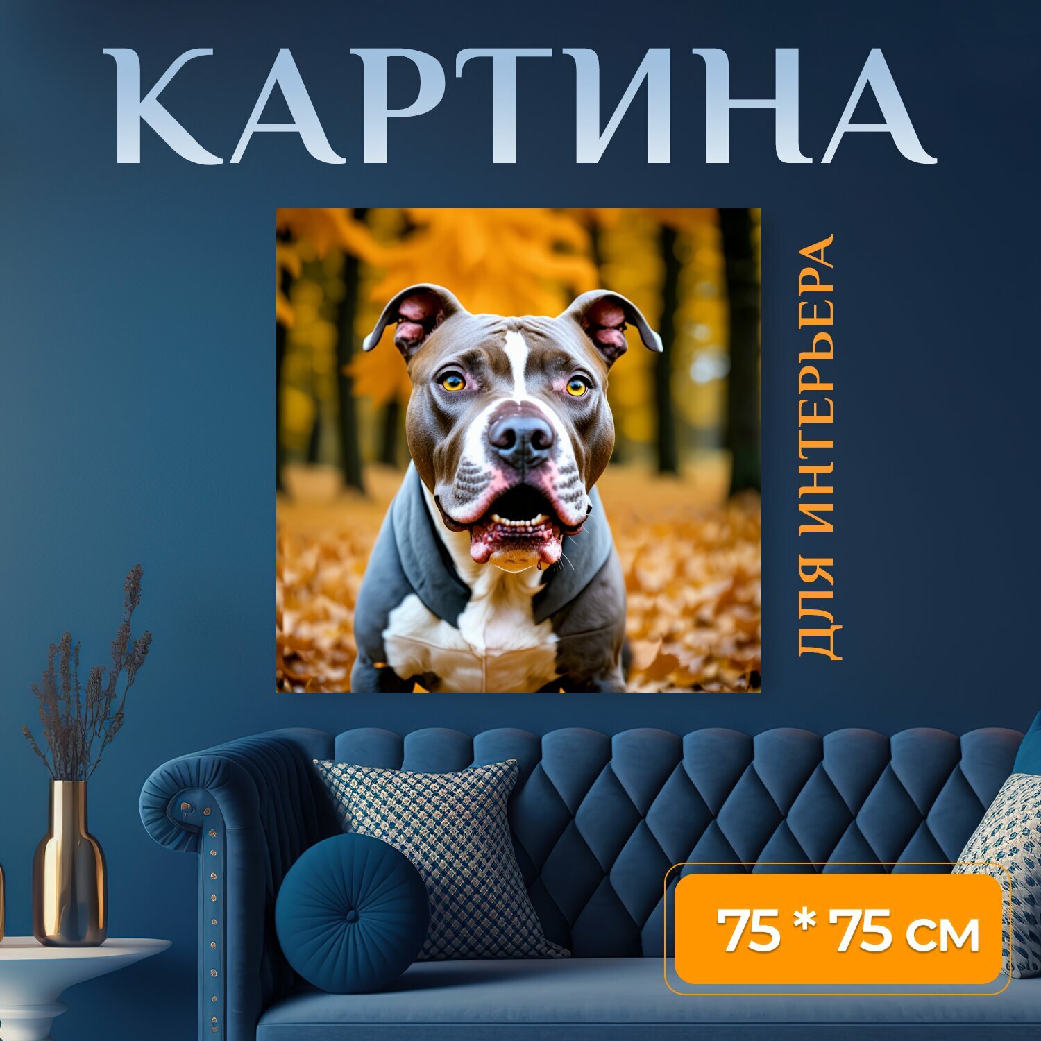 Картина на холсте "Крупный план головы собаки породы питбуль с серо-белым окрасом, виляющими ушами и пронзительными желто-коричневыми глазами." на подрамнике 75х75 см. для интерьера