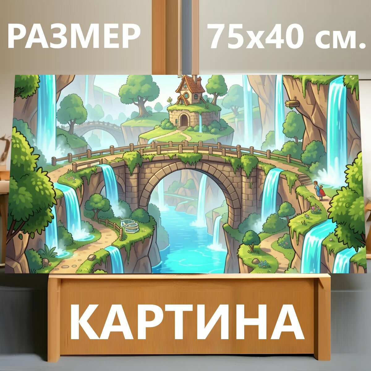 Картина на холсте "Сказочная долина с водопадами. Фантазийный пейзаж с парящими скалами, каскадами воды, уютными домиками и каменным мостом." на подрамнике 75х40 см. для интерьера