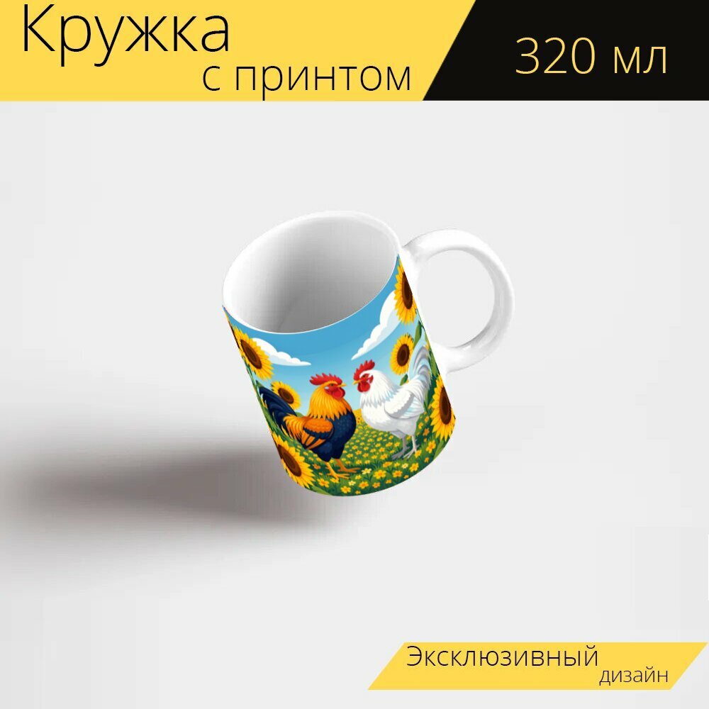 Кружка с рисунком, принтом "Петухи в подсолнуховом поле. Яркая сельская сцена в мультяшной стилистике: два гордых петуха на фоне голубого неба, облаков и солнечных." 320 мл.