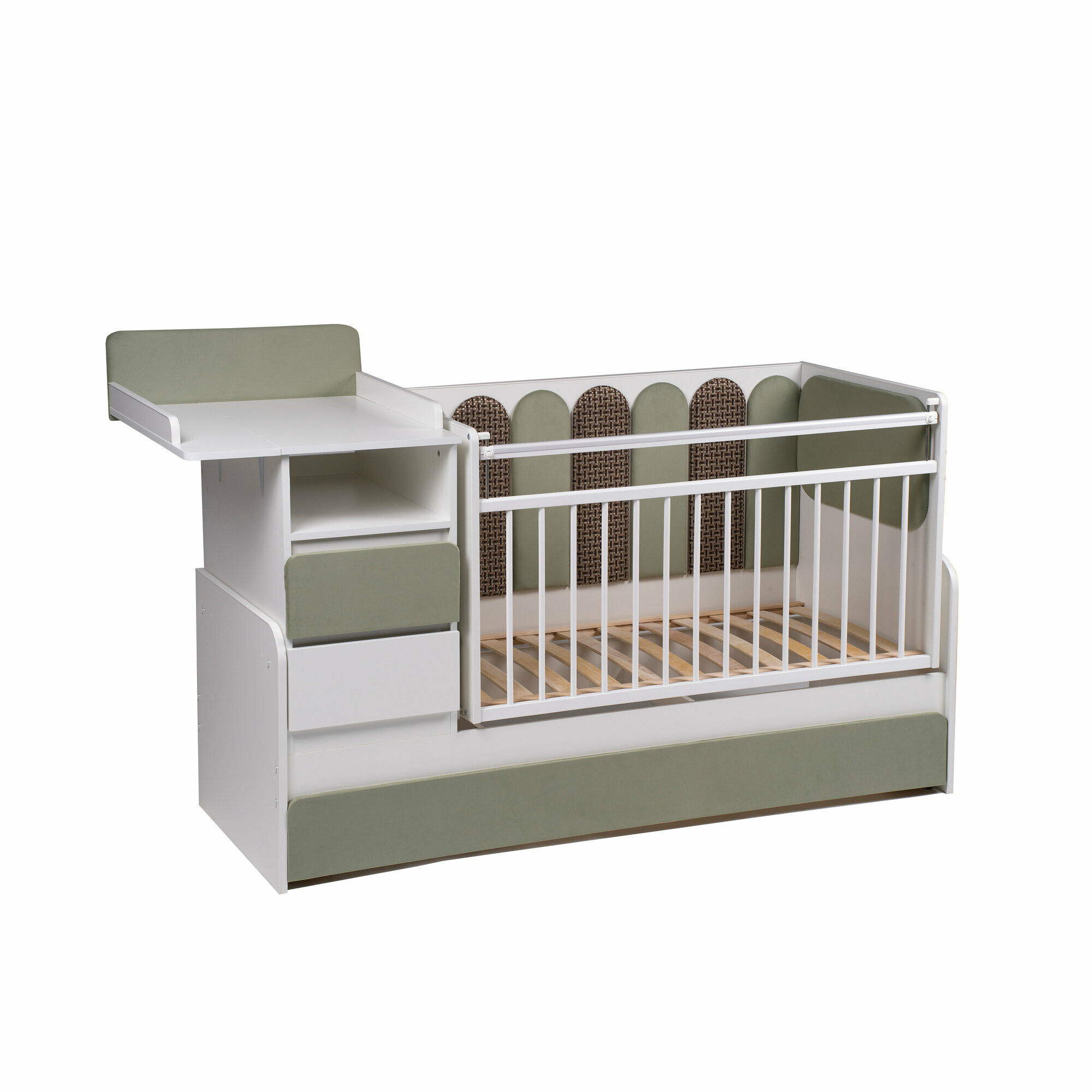 Кровать-трансформер "Дивания", корпус белый, велюр олива, рогожка кор.