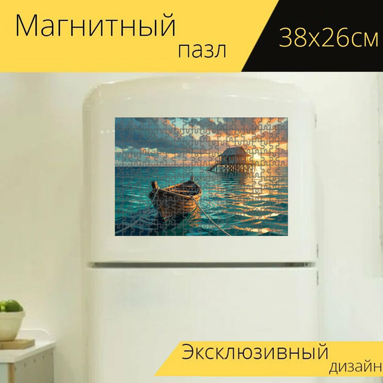 Магнитный пазл "Морской закат с лодкой и домом. Спокойный вечерний морской пейзаж в цифровой живописи: деревянная шлюпка на воде, домик на сваях вдали." для интерьера, 38х26 см.