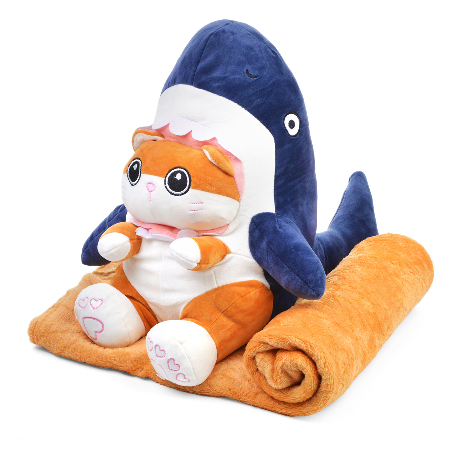 Мягкая игрушка М1219 "Кот" в костюме акулы, с пледом, 45 см.
