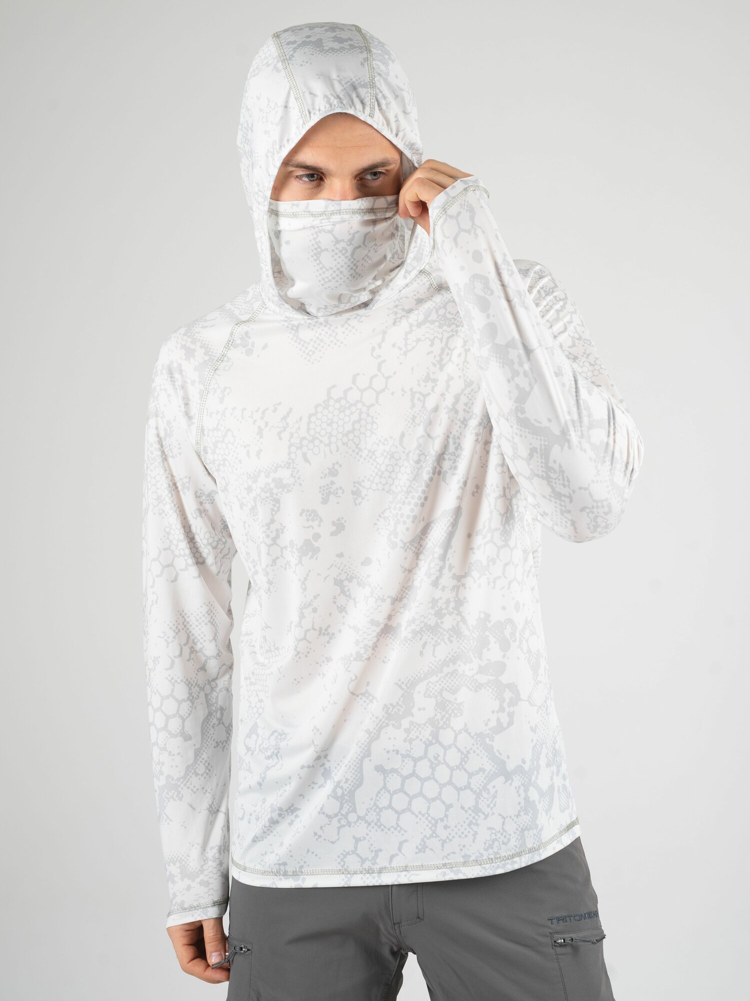 Джерси с капюшоном и баффом в цвете White print, лонгслив для активного отдыха и рыбалки