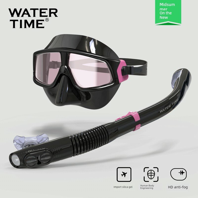 WaterTime Комплект маски для плавания пыльно-розовый с японским силиконом и трехклапанной трубкой