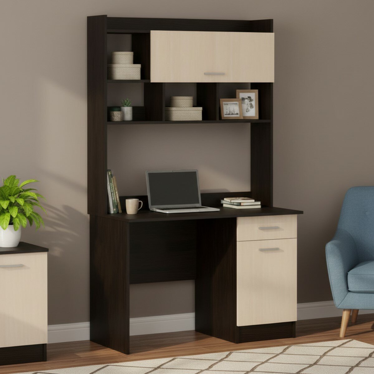 Стол компьютерный письменный Памир ПКС-2 с полкой надстройкой и выдвижными ящиком, Венге/Дуб белфорт