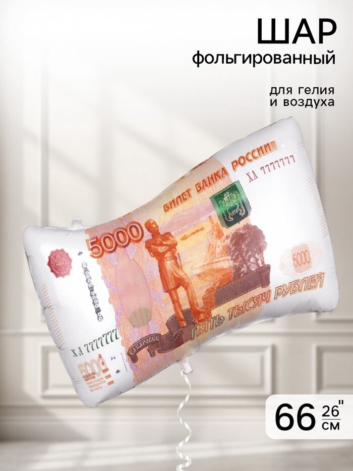 Воздушный шар фольгированный 26 Денежная купюра, 5000 рублей, 2 шт.
