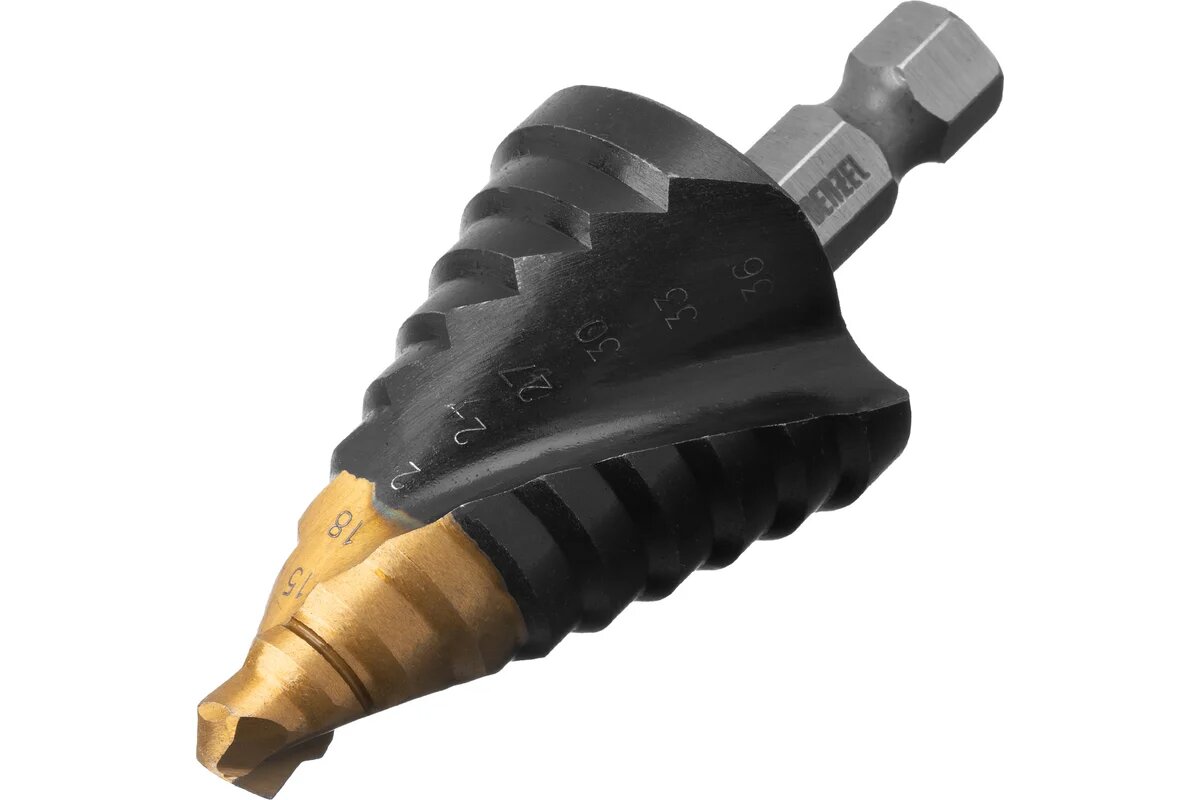 Ступенчатое сверло Denzel 723605 из P6M5, 9‑36 мм, шестигранный хвостовик, класс точности A1