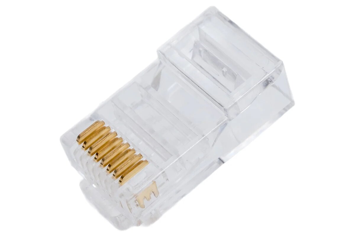 Коннектор RJ‑45 Ripo Cat.6 прозрачный пластик с золотыми медными контактами для сетей слабого тока и телефонных систем