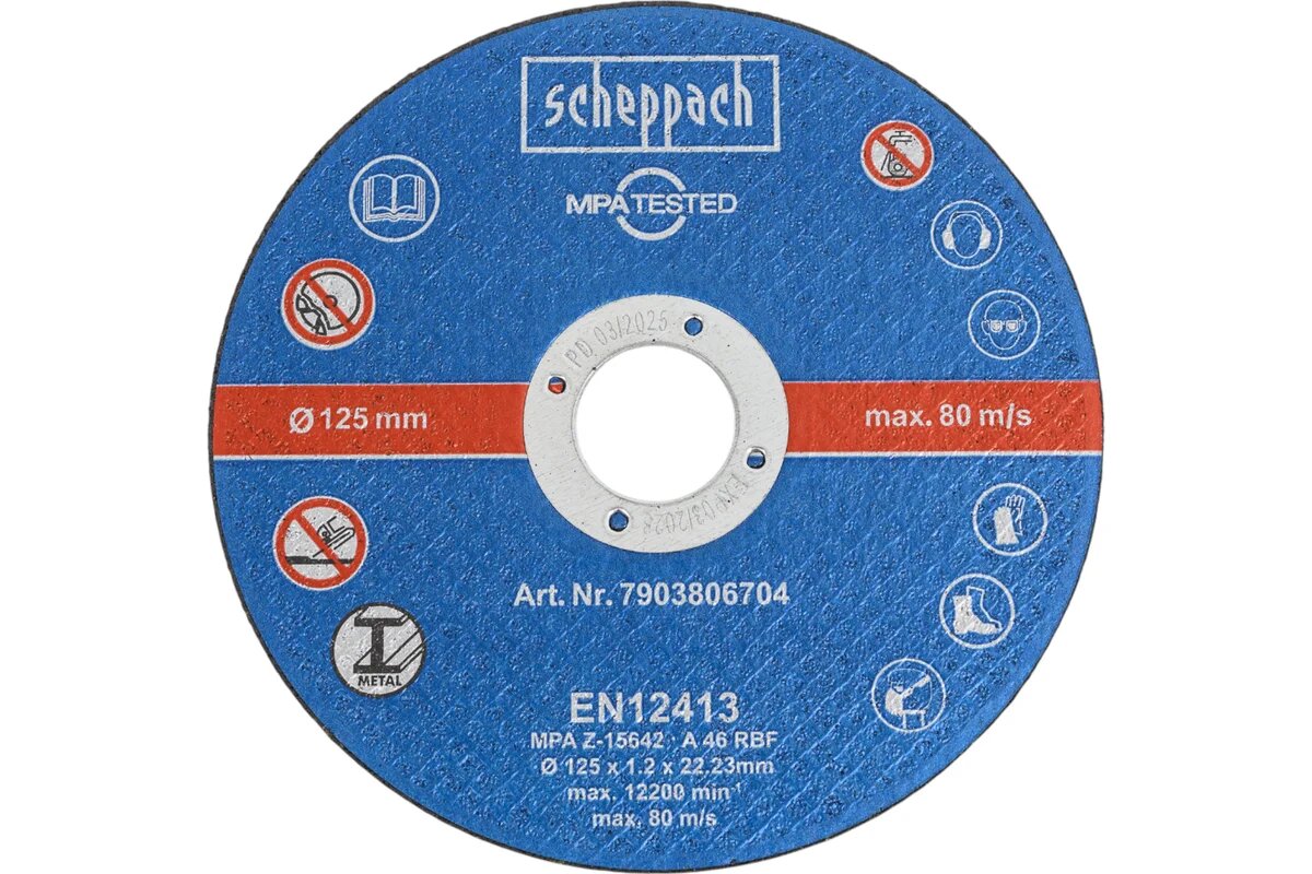 Отрезные диски Scheppach 125x1.2x22.23 – набор 12 шт, стекловолокно + оксид алюминия, резка стали, чугуна и рельсов