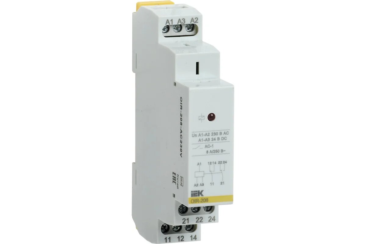 Промежуточное реле IEK OIR‑208 AC230V, 8 А, 2 контакта, модульный, защита IP20, напряжение 220(230) В, 93×23×72 мм, 0.5 кг