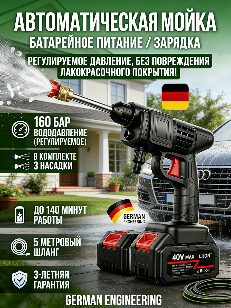 Беспроводная автомойка с пеногенератором, портативная минимойка