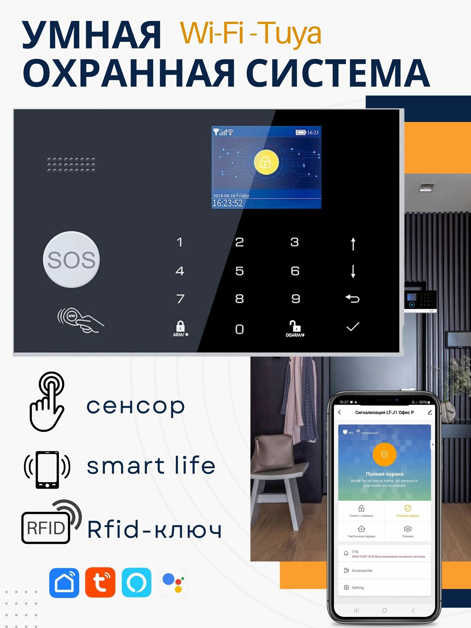 Беспроводная охранная сигнализация для дома и офиса с GSM/Wi-Fi, комплект сигнализации Око Плюс с подключением к умному дому Smart Life (Tuya Smart), Комплект 1 ИК датчик, 1 датчик двери (окна)