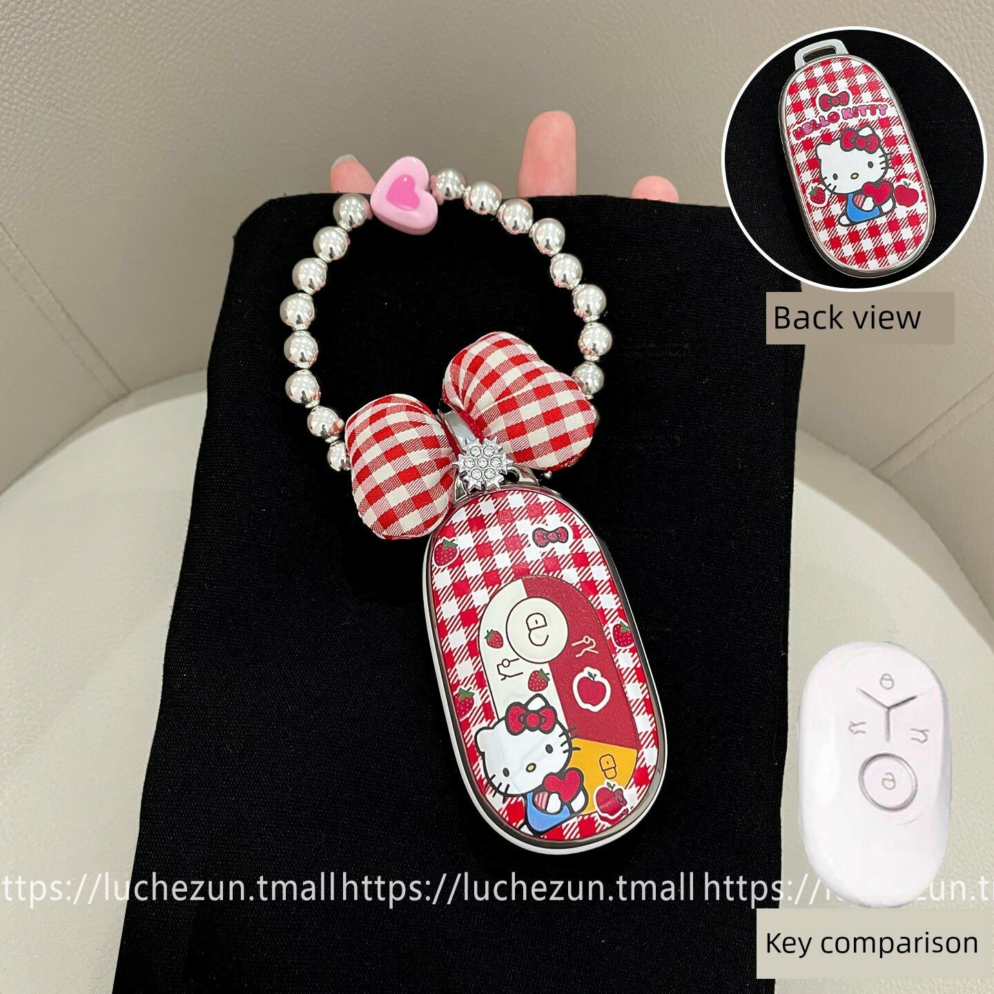 Ключевой брелок с Hello Kitty, сердечком, розовой клетчатой лентой и браслетом для Geely, элегантный и уникальный дизайн