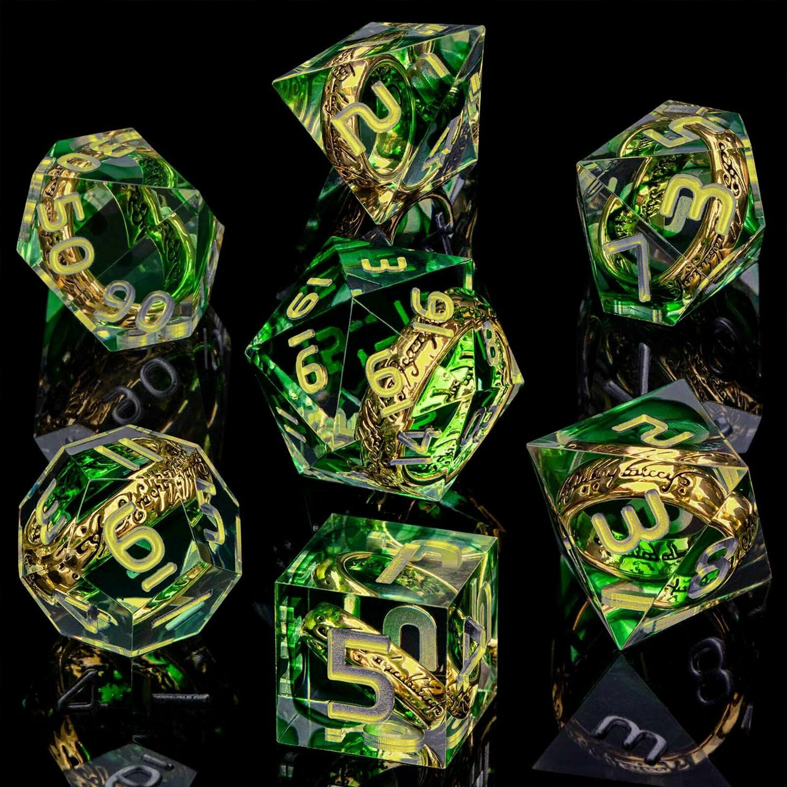 Кубики днд из смолы с острыми краями Дайсы для Dungeons & Dragons Зеленые кости с кольцом внутри Набор 7 шт игровые кости набор дайсов для настольных игр